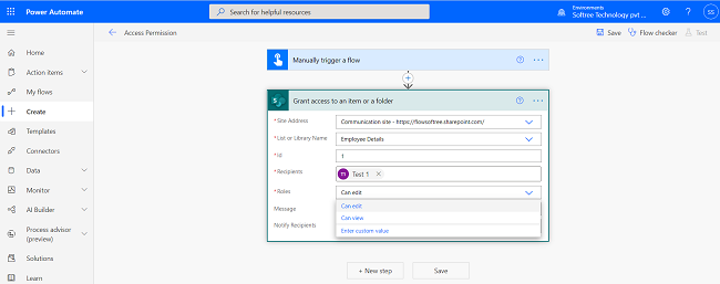 Grant permission a user in SharePoint list item by using flow: - Softree Technology